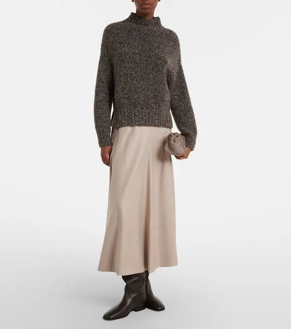Agnona Leather-trimmed Wool Flannel Midi Skirt