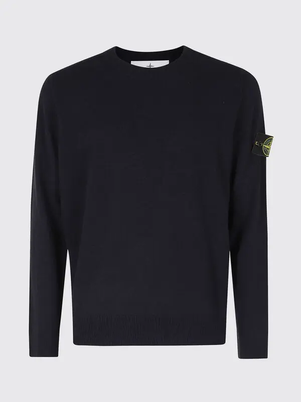 Stone Island Virgin Wool Crewneck Sweater With Compass Logo Patch - Blue
