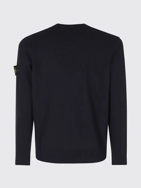Stone Island Virgin Wool Crewneck Sweater With Compass Logo Patch - Blue