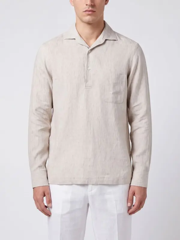 LARDINI Pure Linen Shirt With Cuban Collar And Long Sleeves - Beige