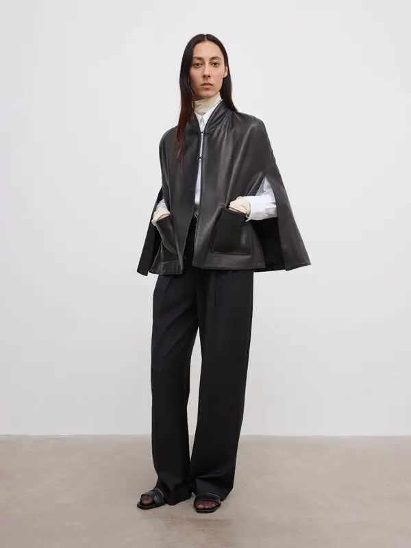 HOUSE OF DAGMAR Leather Cape With Stand Shawl Collar - Black