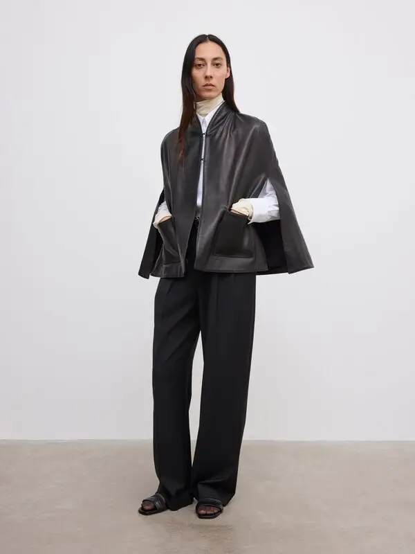 HOUSE OF DAGMAR Leather Cape With Stand Shawl Collar - Black