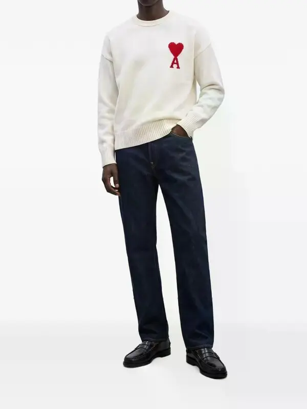 AMI Paris Natural Crewneck Wool Sweater With De Coeur