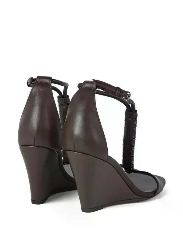 Brunello Cucinelli Leather Wedge-heel Sandals With Monili Chain Detail