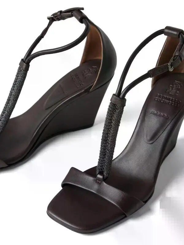 Brunello Cucinelli Leather Wedge-heel Sandals With Monili Chain Detail