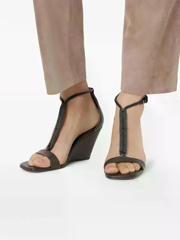 Brunello Cucinelli Leather Wedge-heel Sandals With Monili Chain Detail