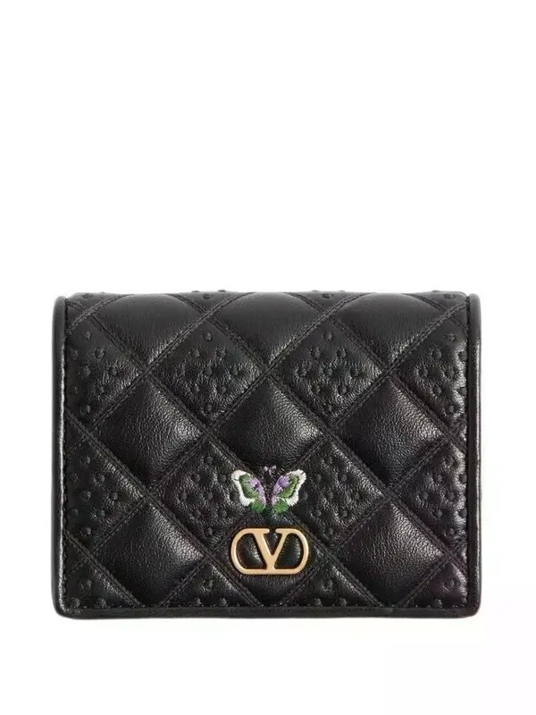 Valentino Garavani Flutterby Wallet In Shiny Nappa Leather With Butterfly Embroidery - Black