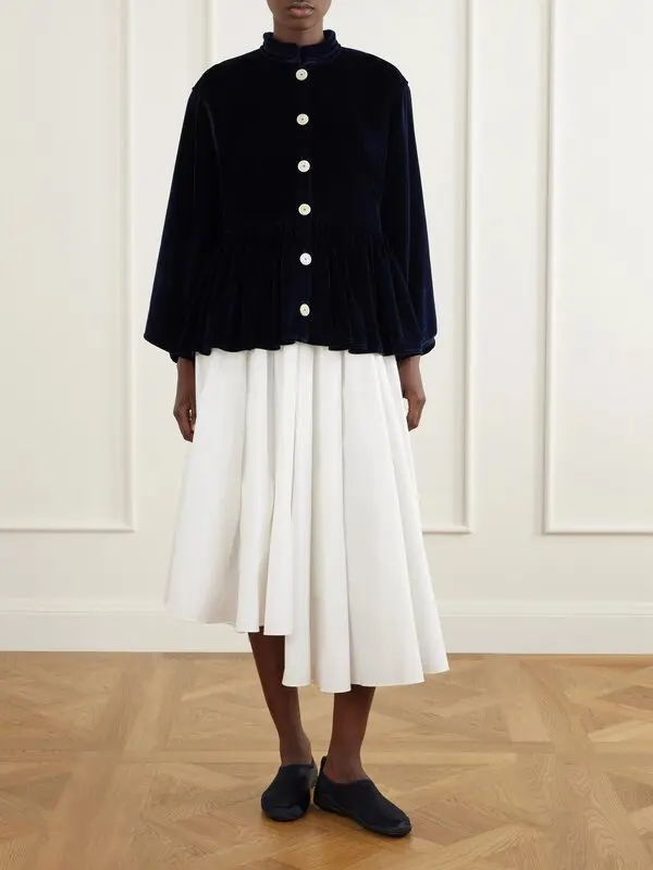 LES VACANCES D’IRINA Gathered Cotton-velvet Blouse