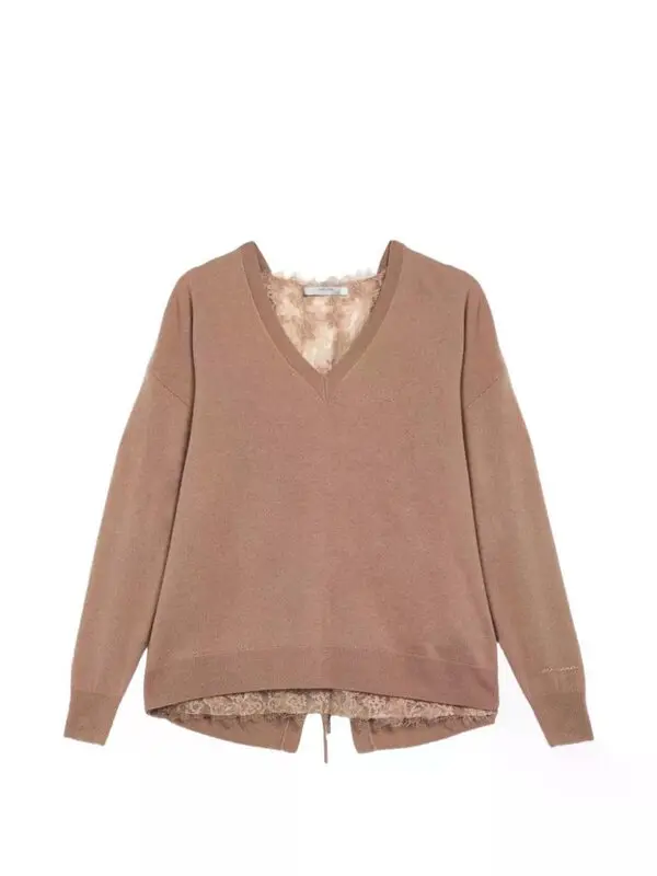 ERMANNO FIRENZE Lace-panelled Tie-fastening Sweater - Brown