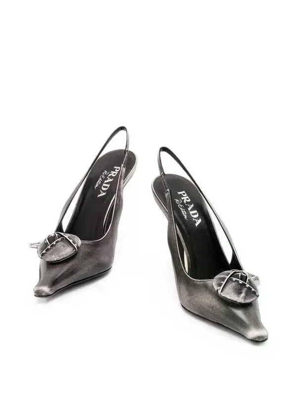 Prada Leather Slingback Pumps With Floral Appliqu - Silver