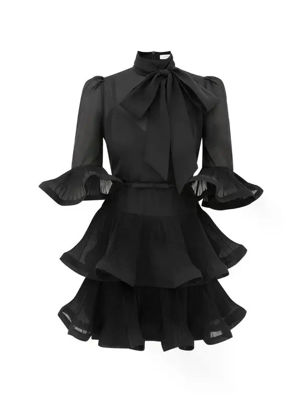 Zimmermann Pleated Tiered Dress With Pussy-bow Collar - Black