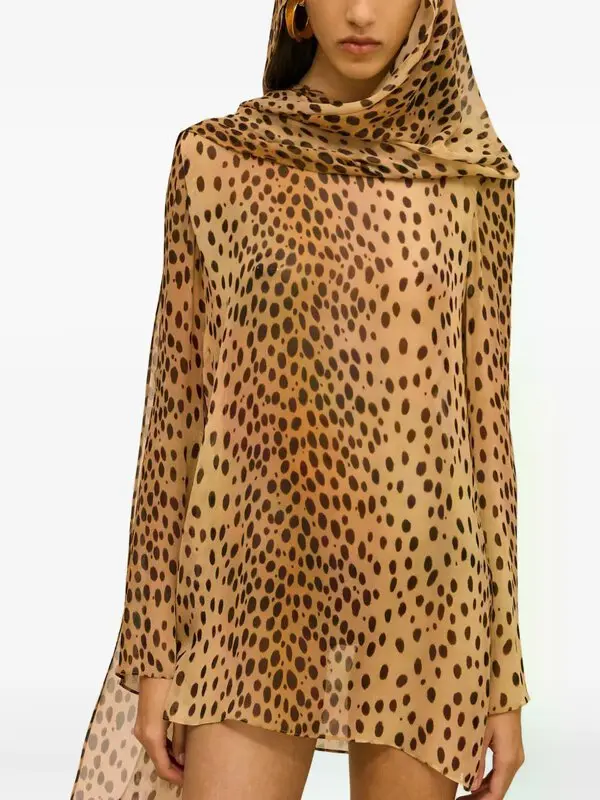 Cult Gaia Beaux Sheer Silk Cheetah Print Mini Dress With Convertible Scarf/hood - Neutrals