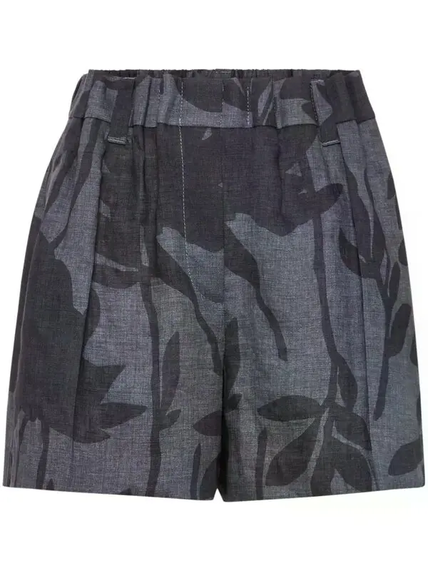 Brunello Cucinelli Ramage-print Linen Mini Shorts - Grey
