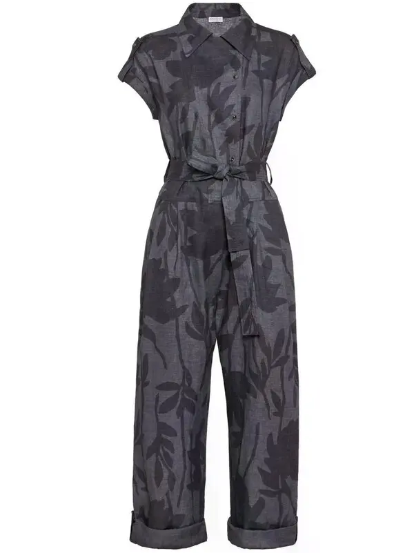 Brunello Cucinelli Floral-print Linen Jumpsuit - Grey
