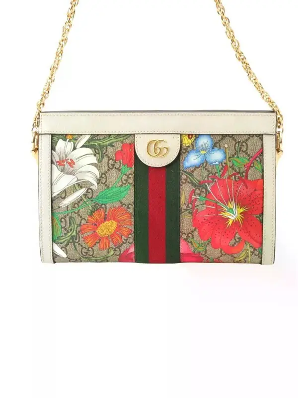 Gucci Gg Supreme Flora Web Ophidia Chain Crossbody Bag - Neutrals