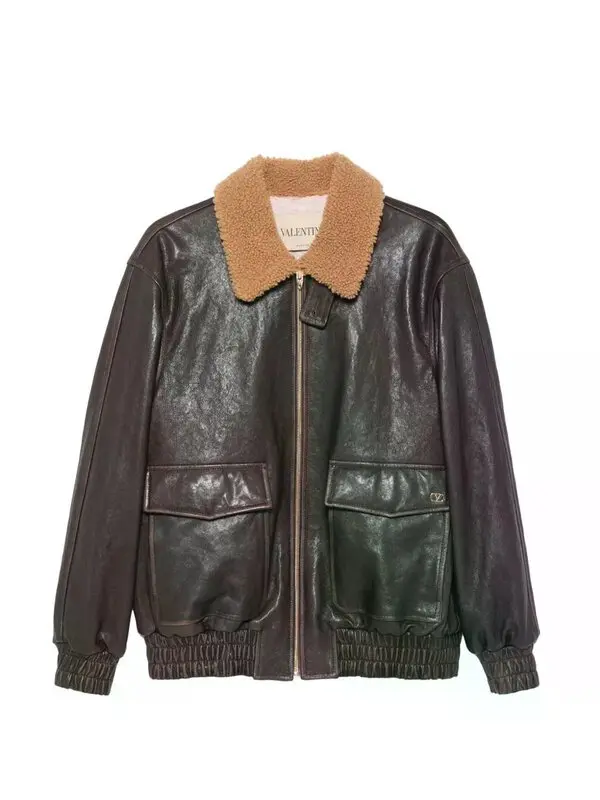 Valentino Garavani Shearling Collar Leather Jacket - Brown