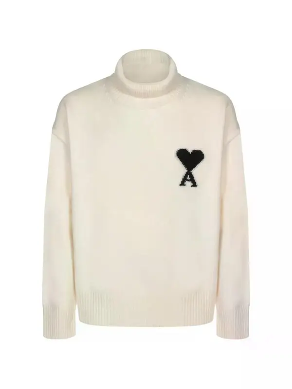 AMI Paris De Coeur Intarsia Knit Roll Neck Wool Sweater - Neutrals