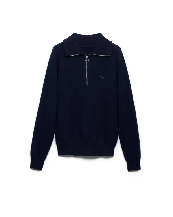 Prada Wool And Cashmere Zip-up Polo Sweater - Navy