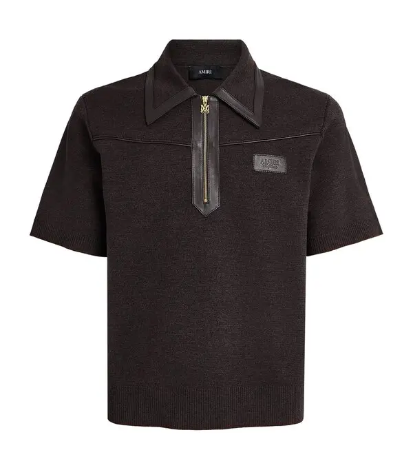 Amiri Wool Leather-trim Zip Polo Shirt - Brown