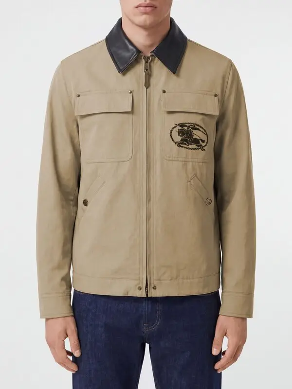 Burberry Ekd Logo Cotton Shirt Jacket With Leather Collar