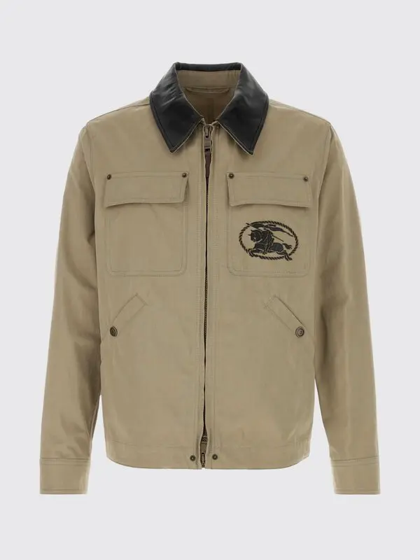 Burberry Ekd Logo Cotton Shirt Jacket With Leather Collar