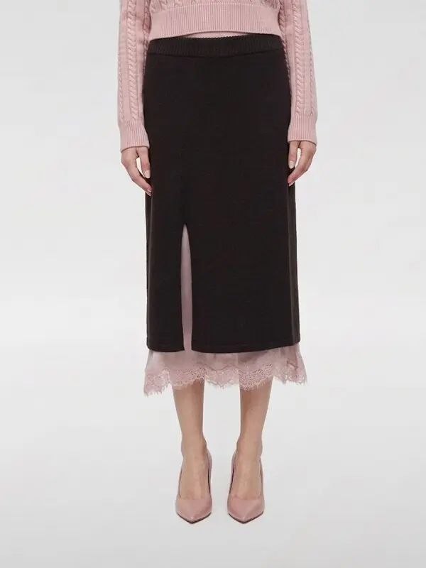 Pinko Ribbed Knit Pencil Skirt With Lace Trim - Brown