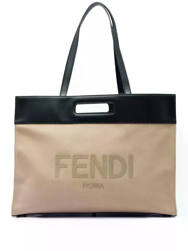 Fendi Canvas Logo Cut Out Handle Shopper Tote Satchel