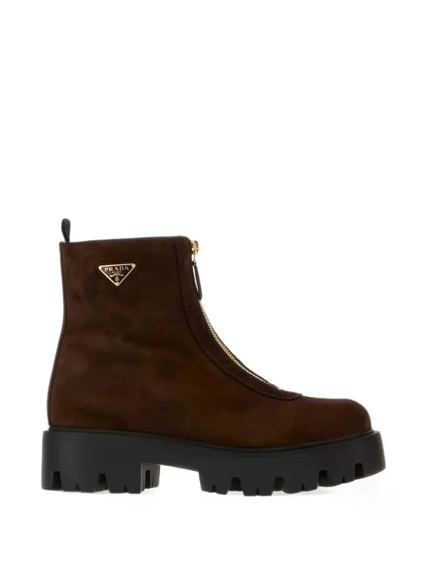 Prada Front-zip Enamelled Triangle Ankle Boots - Brown