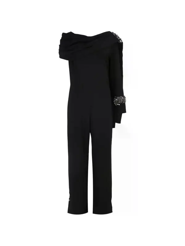 LOODYANA Hand-embroidered Cape-detail Jumpsuit - Black