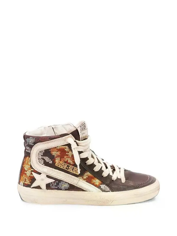 GOLDEN GOOSE Slide In Ebony Leather With Cream Star And Multicolor Embroidery - Brown