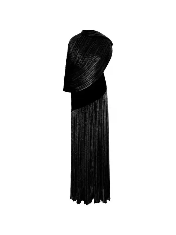 V:PM ATELIER Dusty Pleated Cape Maxi Dress - Black
