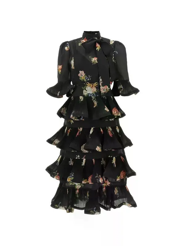Zimmermann Tiered Floral Print Pleated Dress - Black
