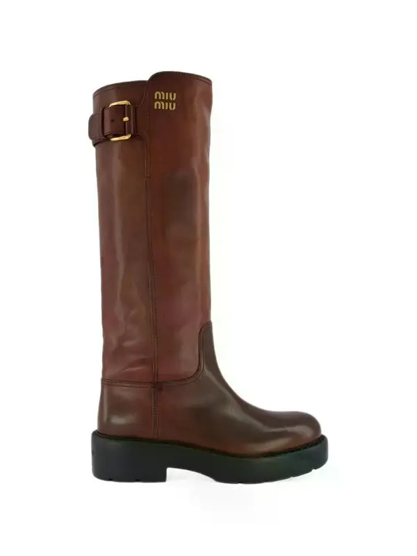 Miu Miu Leather Knee High Boots With Side Buckle - Brown