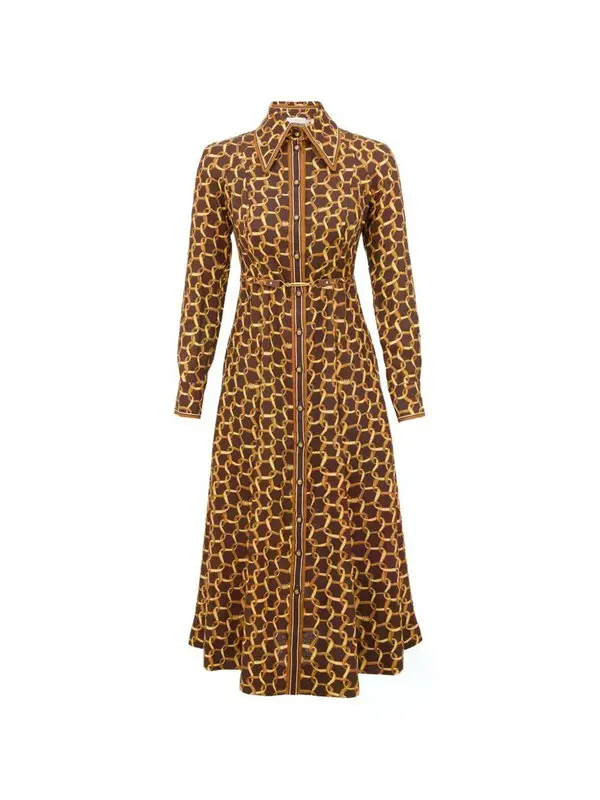 Zimmermann Chain-print Belted Midi Dress - Brown