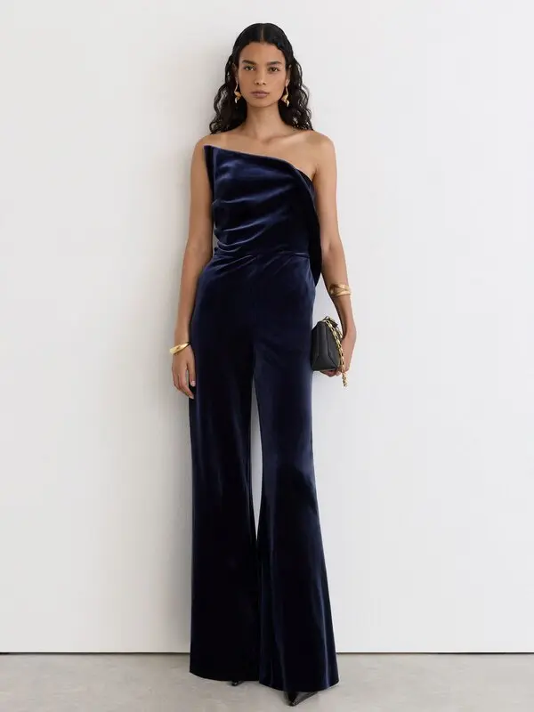 REISS Velvet Strapless Wide-leg Jumpsuit With Frill Detail - Navy