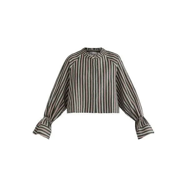 PAISIE Ruffle Round Neck Blouse With Cinch Wrist Detail In Stripes - Black