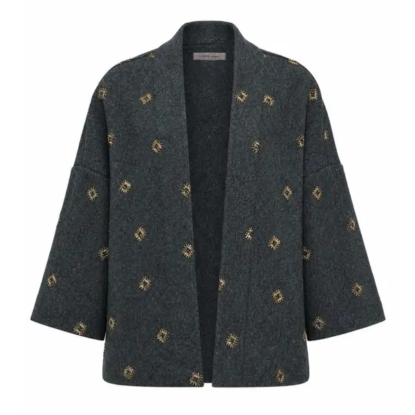 TRAFFIC PEOPLE Grey And Gold Embroidered Relaxed Shrug Jacket