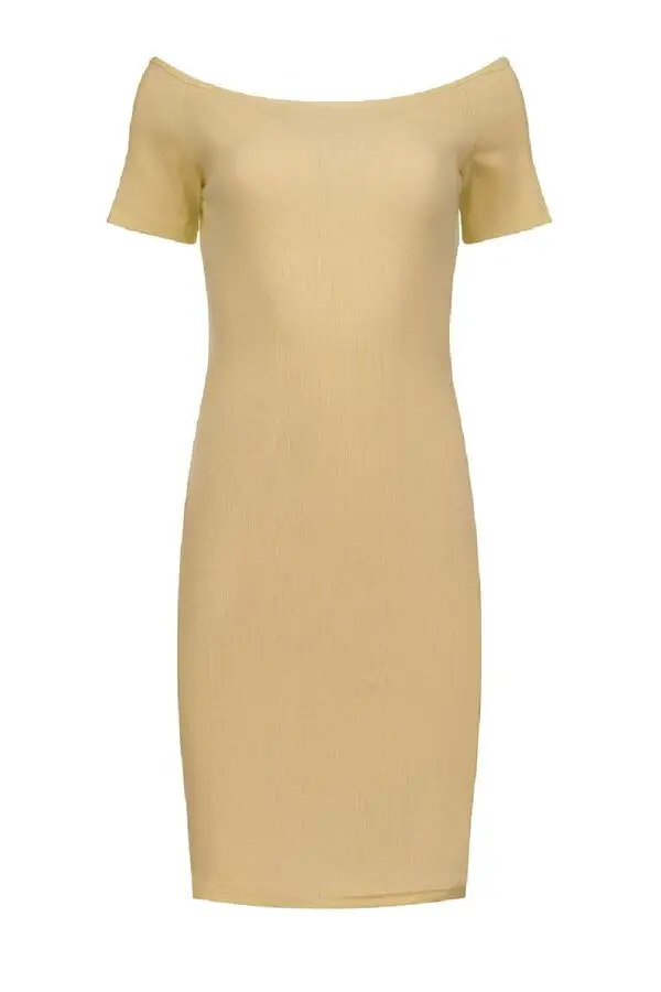 CONQUISTA Elegant Beige Off-shoulder Ribbed Midi Dress