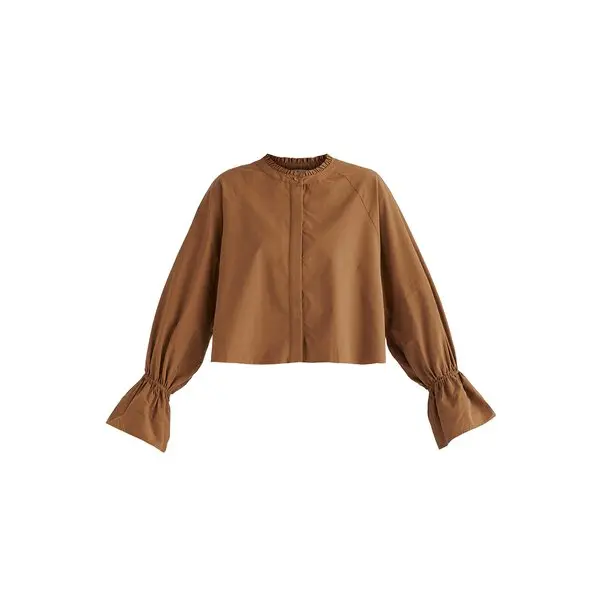 PAISIE Ruffle Round Neck Blouse With Cinch Wrist Detail - Brown