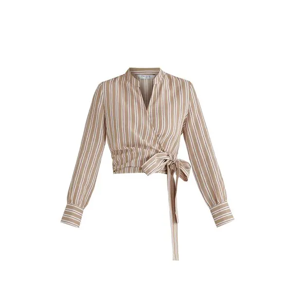 PAISIE Neutrals Split Collarless Wrap Top With Side-tie Waist In Stripes - Beige