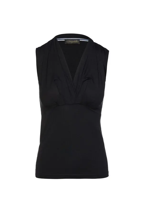 CONQUISTA Elegant Sleeveless Stretch Jersey V-neck Top - Black