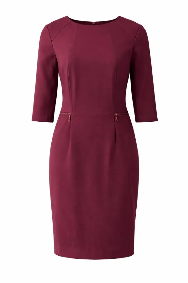 CONQUISTA Elegant Tailo Midi Dress With 3/4 Sleeves & Sculpted Fit - Red