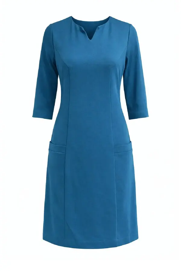 CONQUISTA Elegant Teal Shift Dress With Notched Neckline - Blue
