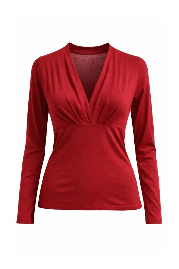 CONQUISTA Elegant V-neck Long-sleeve Top In Deep - Red