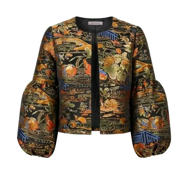TRAFFIC PEOPLE Metallic Botanical Embroidered Cropped Jacket