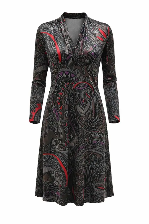CONQUISTA Elegant Printed Wrap-style Midi Dress With Long Sleeves - Black