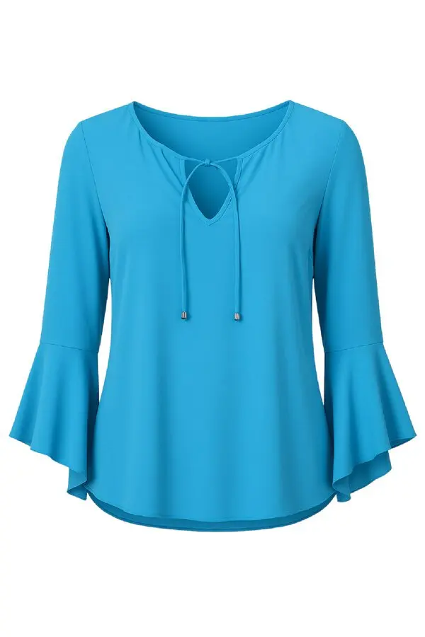 CONQUISTA Elegant Turquoise Blouse With Tie-neck Detail & Flared Sleeves — Sophisticated Style For Work Or Evening - Blue
