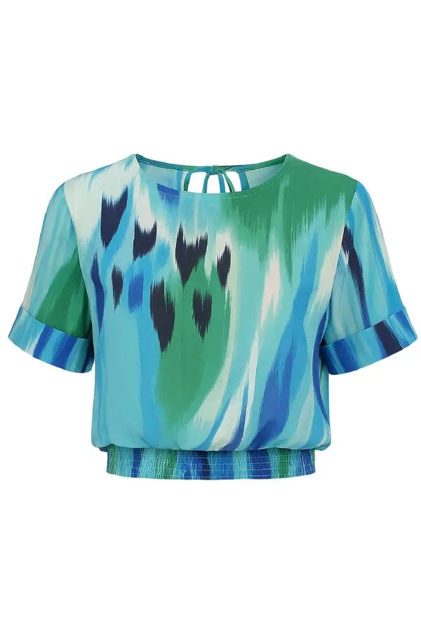 CONQUISTA Elegant Printed Net Top With Open Back & Tie Detail - Blue