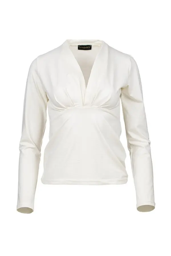 CONQUISTA Neutrals Elegant Ecru V-neck Long Sleeve Jersey Top In Cotton-blend - Beige