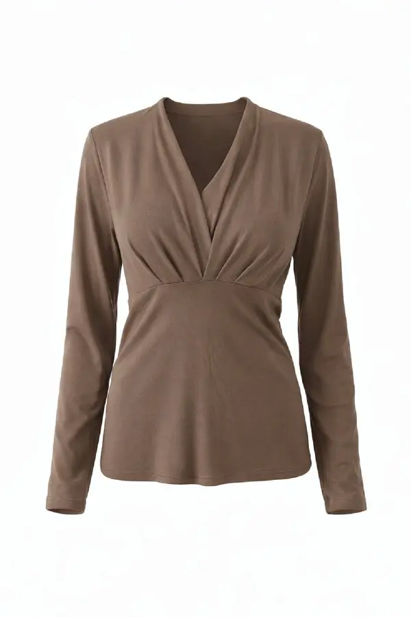CONQUISTA Elegant Long-sleeve V-neck Top With Empire Waist - Brown